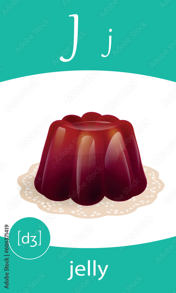 Vetor English alphabet flash card. Letter J study - jelly. Kids ABC cards.Phonics flashcards ...
