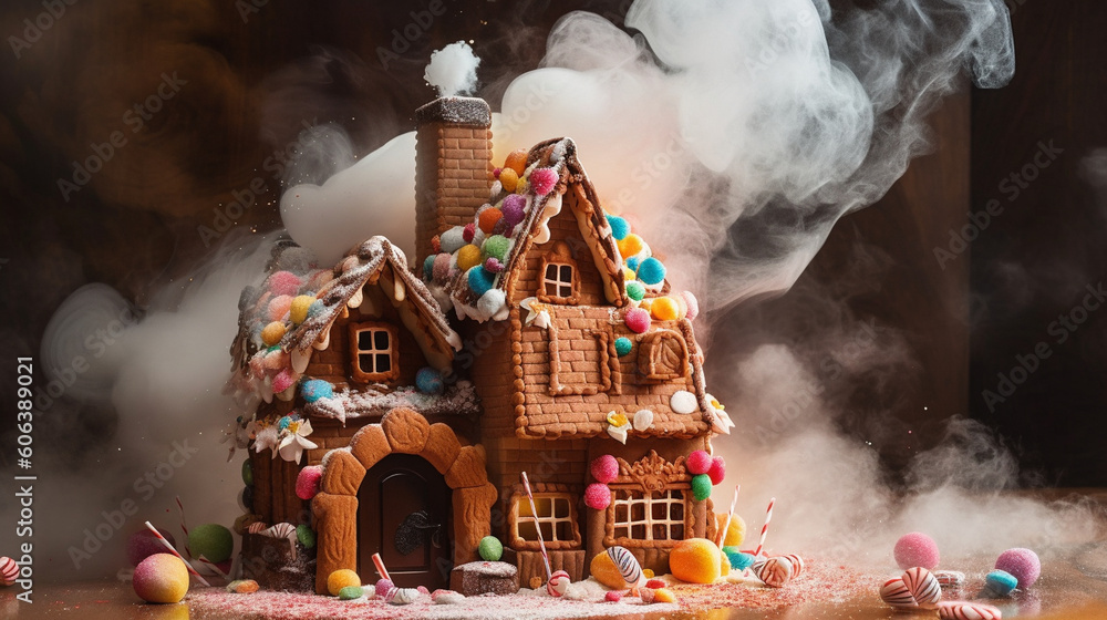 A gingerbread house covered in candy, with smoke coming out of its ...