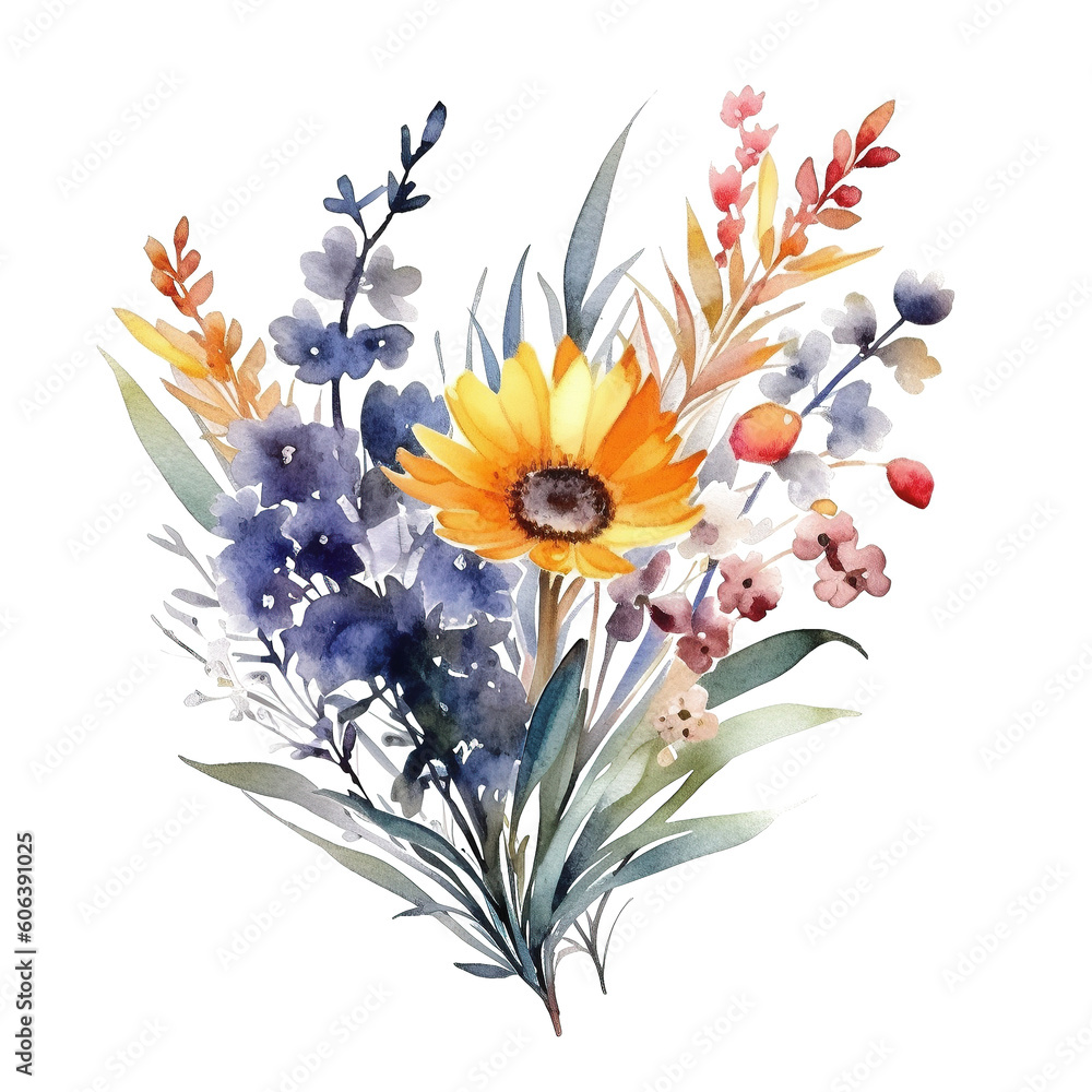Watercolor Wild Flowers isolated on a transparent background, Floral ...