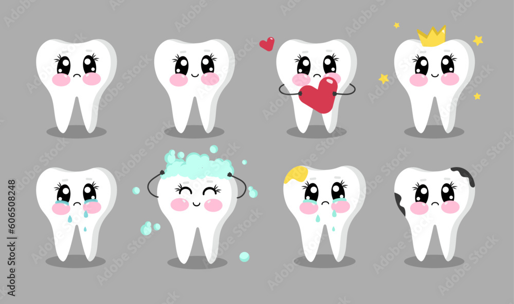 Set of cute snow white happy tooth, crying and sick moody tooth with ...