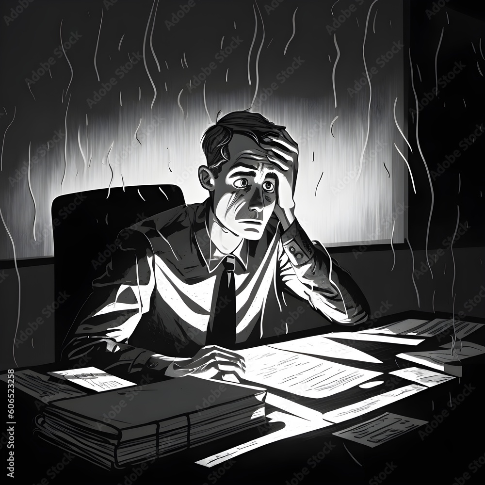 Corporate office worker feeling swamped and depressed in black and ...