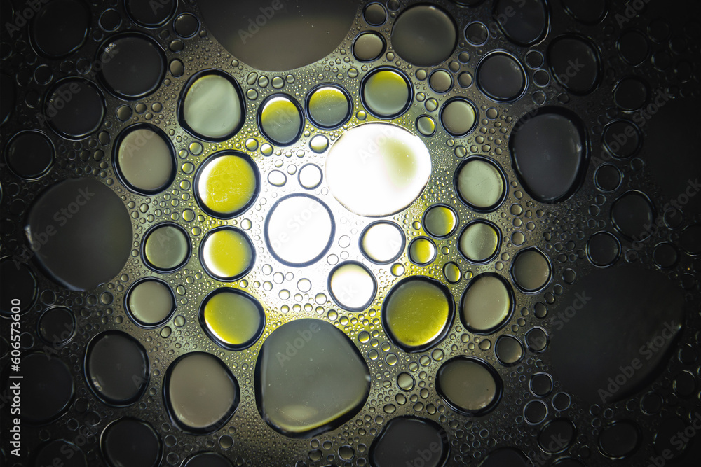 Drops on the fogged glass inside the flashlight, macro photography ...