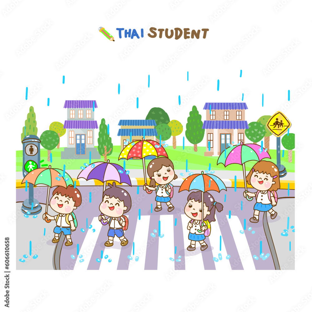 Cartoon kids in rainy season. Stock Vector | Adobe Stock