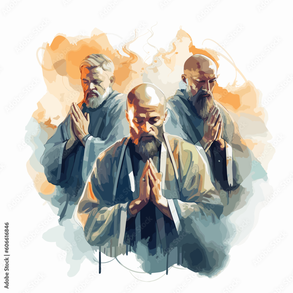 Watercolor vector illustration prayer, priest, nun, bible, disciples ...