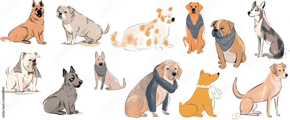 Hand drawn different poses of dogs vector isolated white background ...