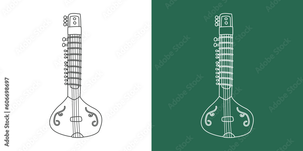 Sitar line drawing cartoon style. Traditional Indian string instrument ...