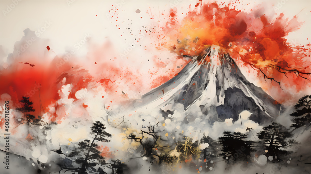 Dynamic Sumi-e Illustration of a Volcano Eruption with Cascading Lava ...