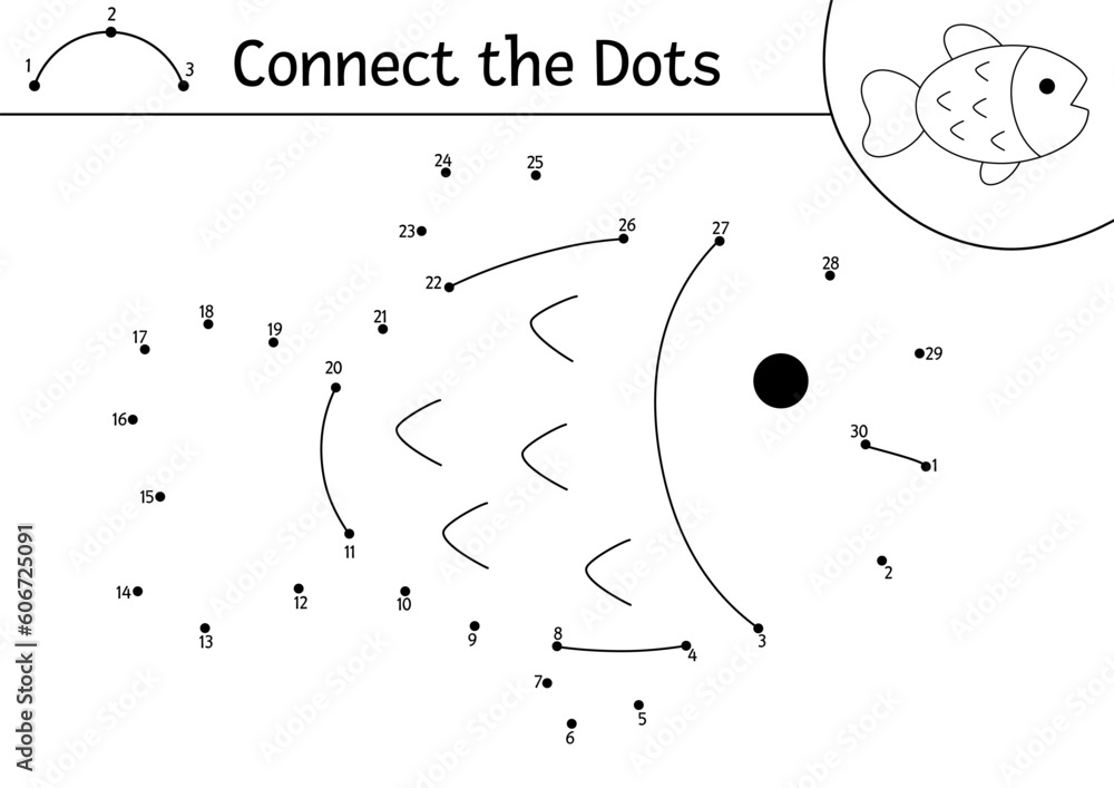 Vector dot-to-dot and color activity with cute fish. Under the sea ...