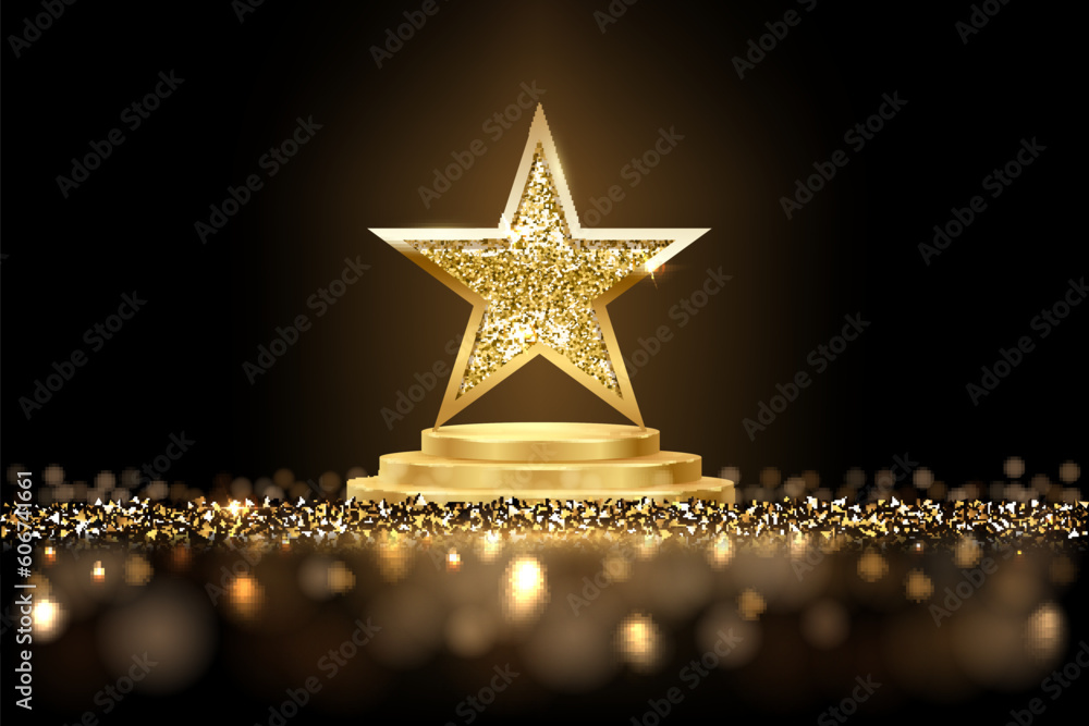 Golden three step podium with star glowing. Gold stage with glitter and ...