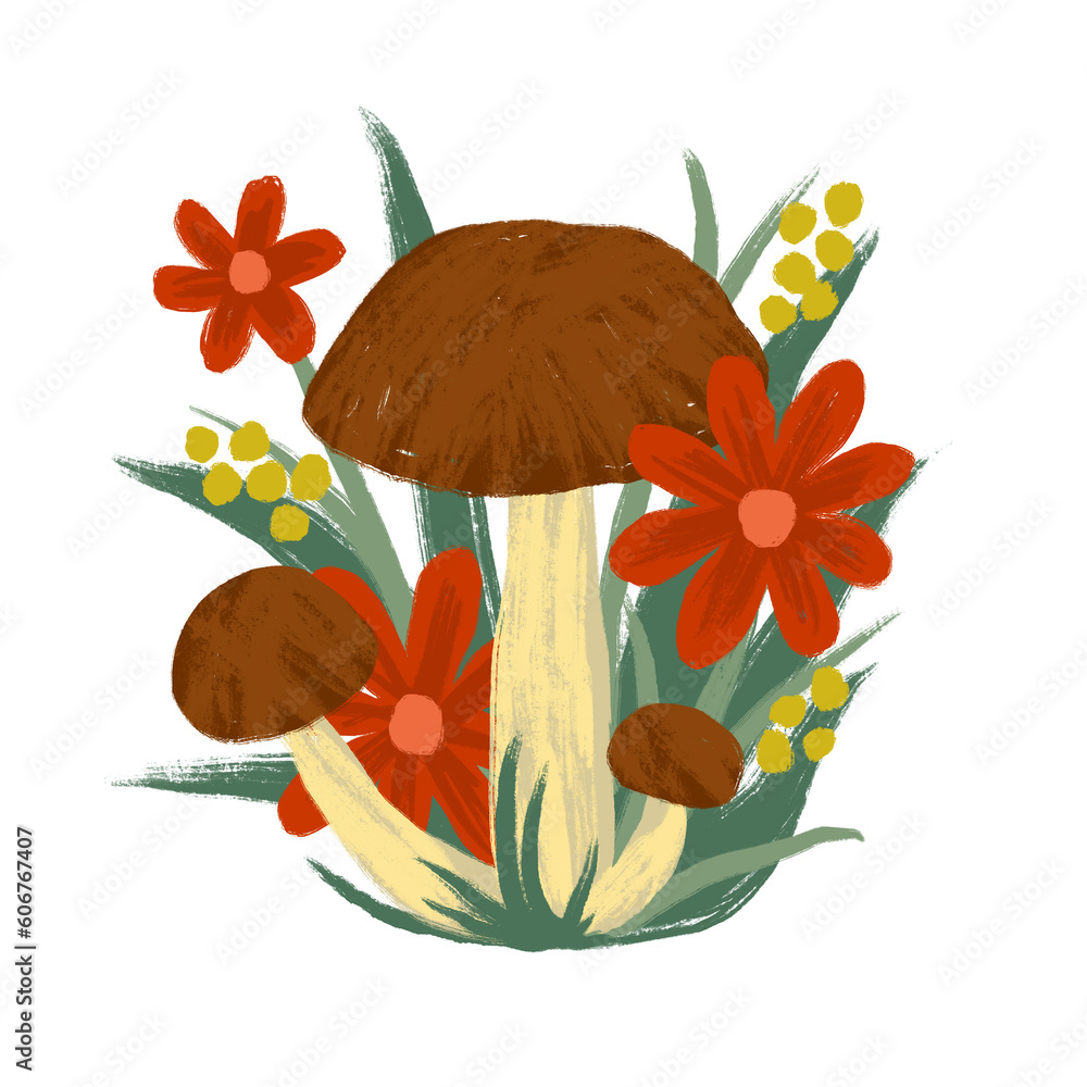 Hand drawn illustration of summer brown mushroom with grass herbs ...