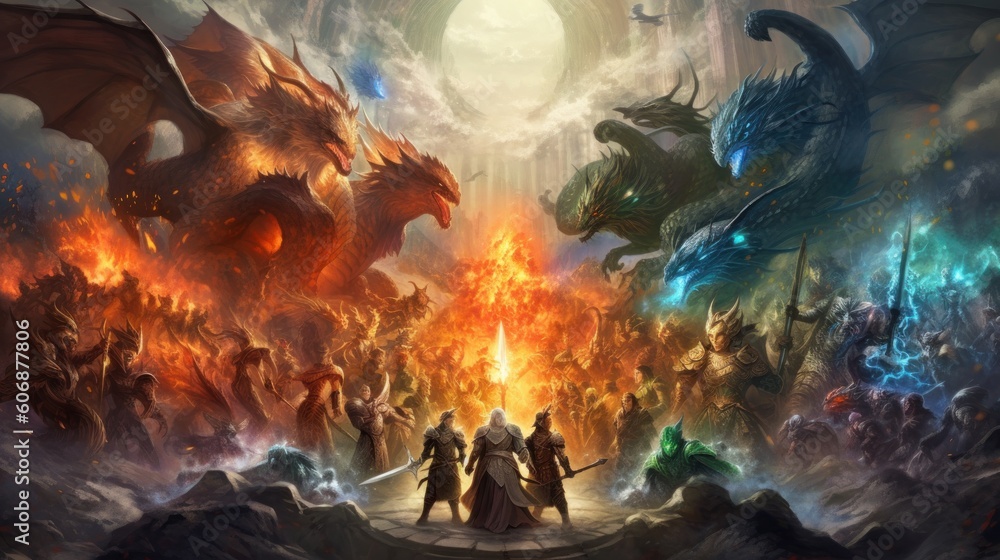 Epic fantasy battle between different races and factions, featuring ...