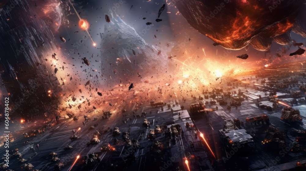 Epic space battle between starships, with laser beams, explosions, and ...