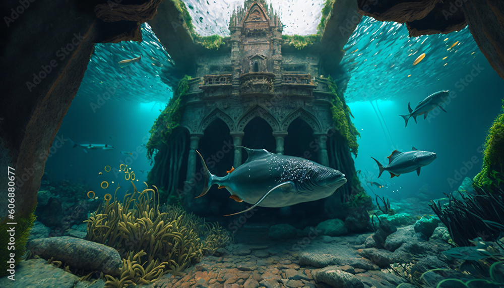 atlantis underwater scene, magic blue ocean with ancient temple ruins ...