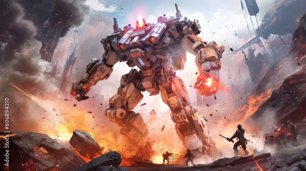 Epic clash between colossal mechs in a war - torn landscape, with ...