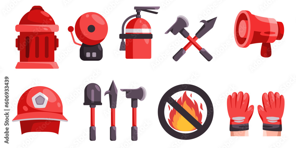 Firefighter tools collection set icon objects no fire sign megaphone ...