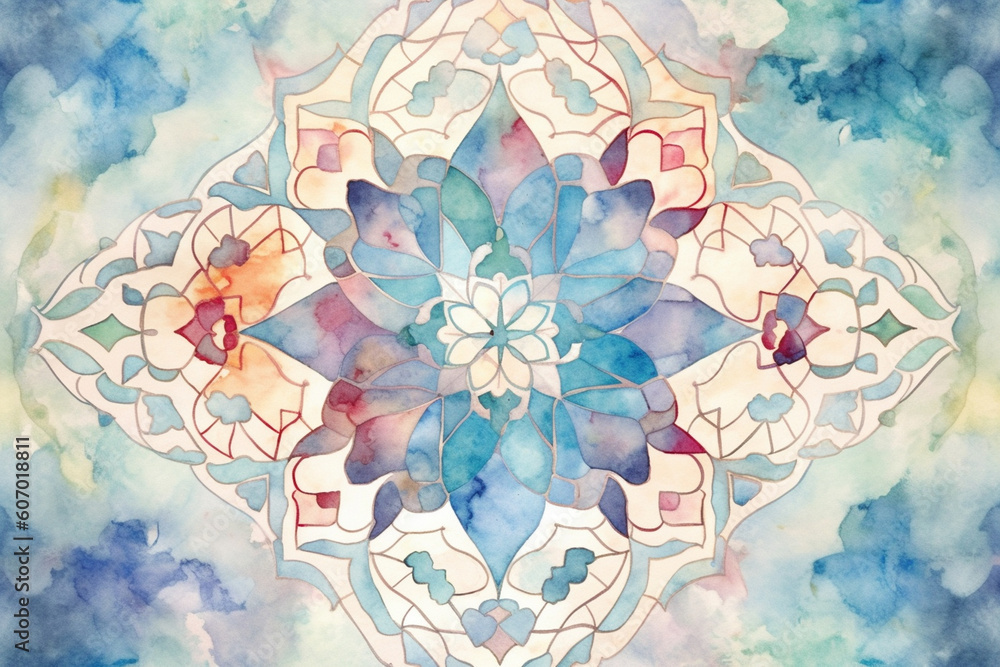 A whimsical watercolor depiction of a traditional Islamic patterned ...
