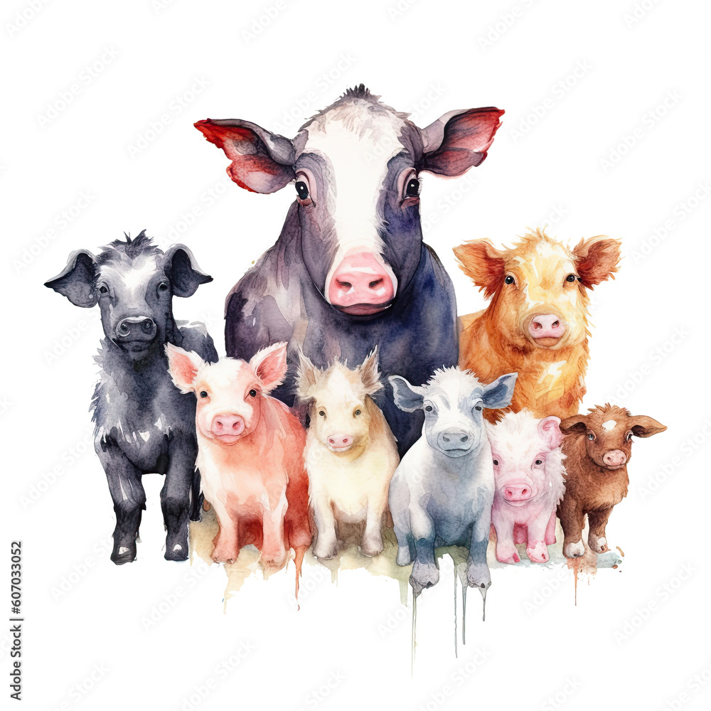 Watercolor farm animals. Cartoon farm animals isolated on transparent ...