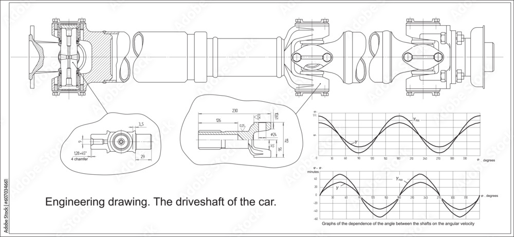Vector engineering drawing of a driveshaft with graphs of the ...