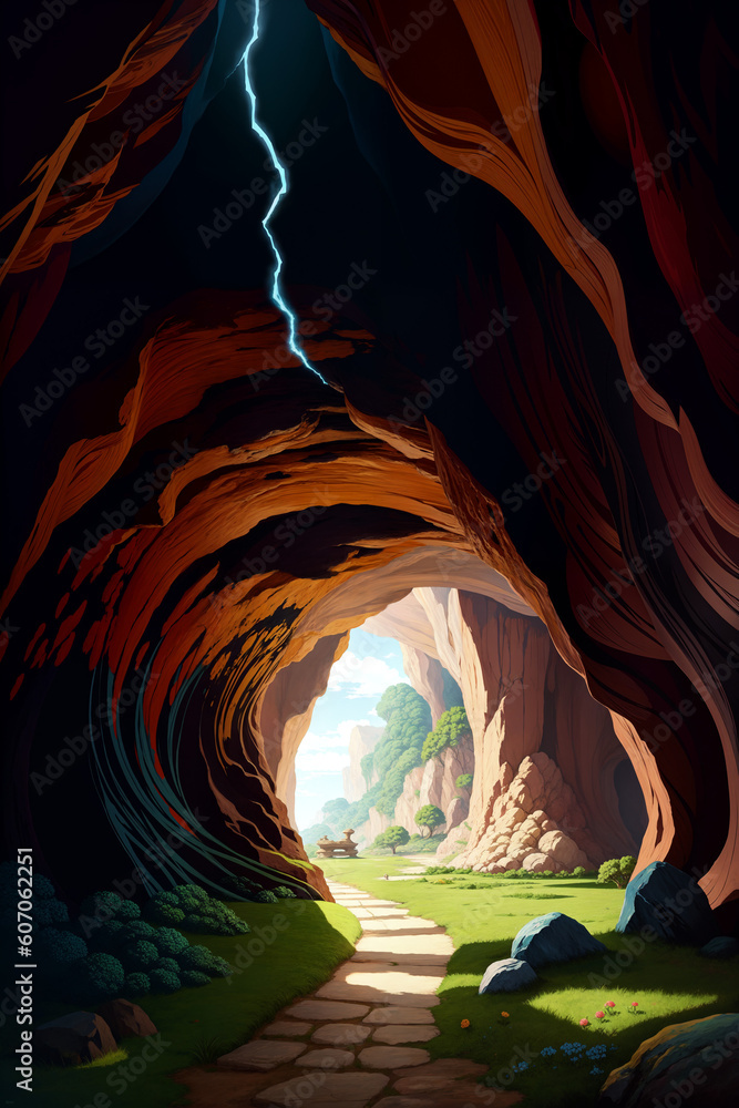 A cave landscape, Scene in Cartoon-Realistic Style, Children's Book ...