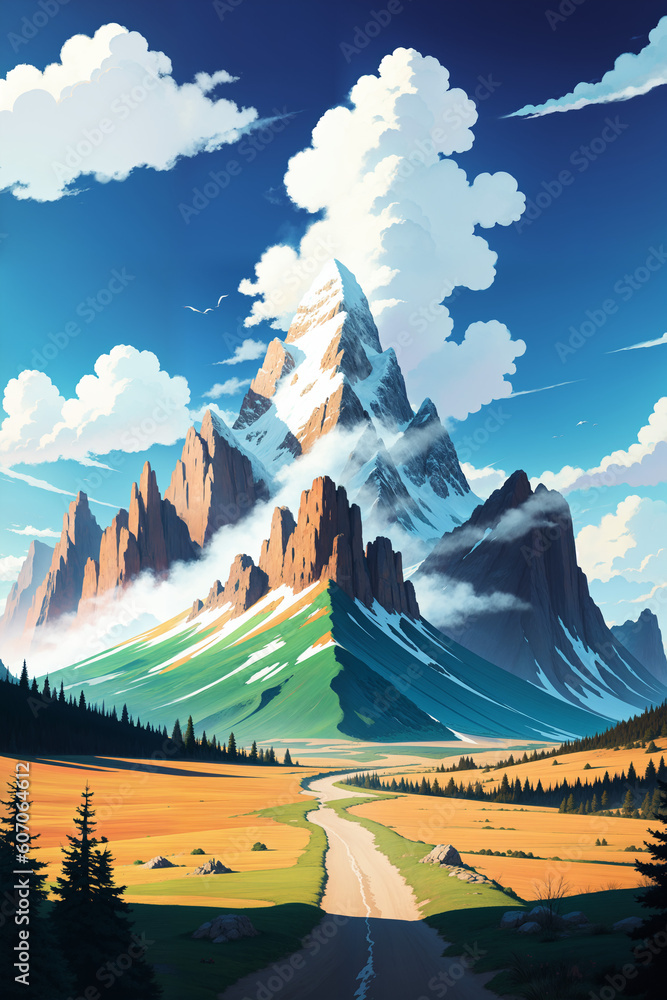 Dramatic snowy mountains, Colorful Cartoon-Realistic Style, Children's ...