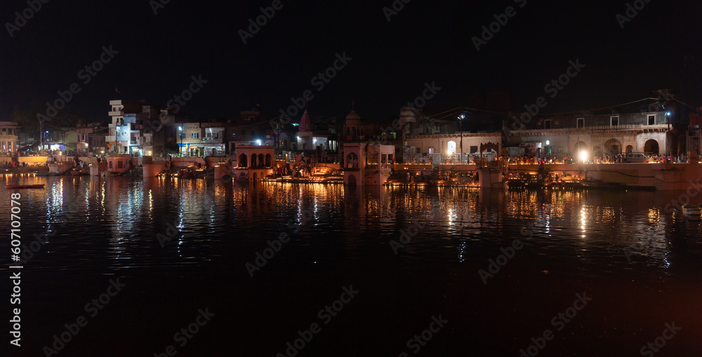 general night view, sacred place on govardhan hill in india, place of ...