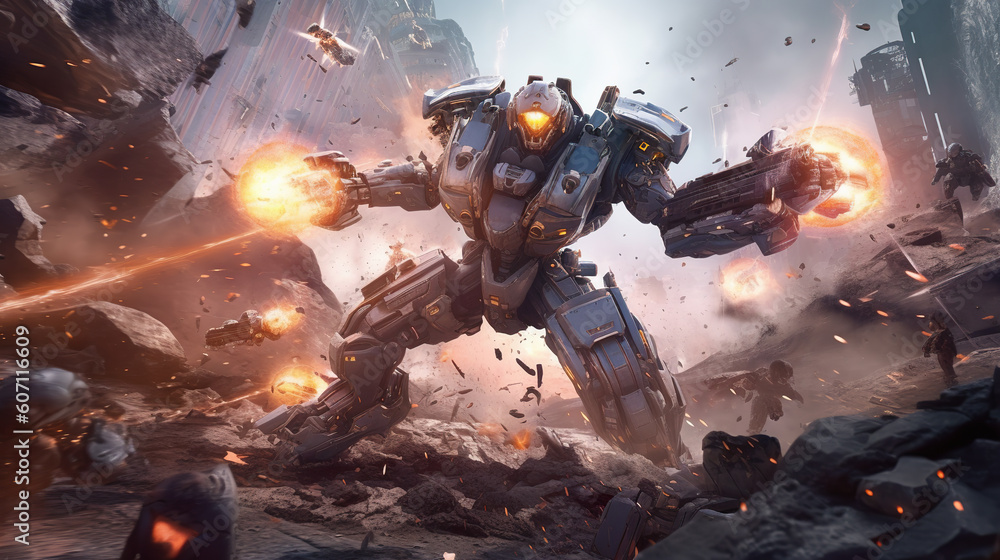 game characters. Action scene with soldiers in armor at war against ...