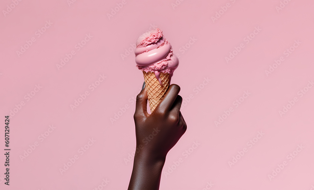 Mano agarrando un helado. Helado. Cono. Fondo rosa. Rosa. Mano. Fresa ...