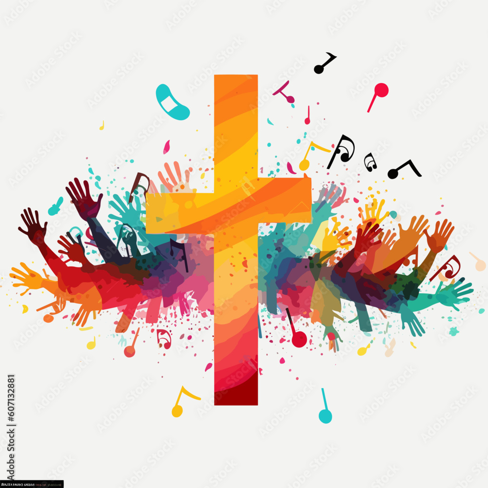 Colorful christian cross music notes hands vector illustration Stock ...