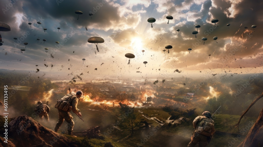 Visualize a thrilling airborne assault, with paratroopers descending ...