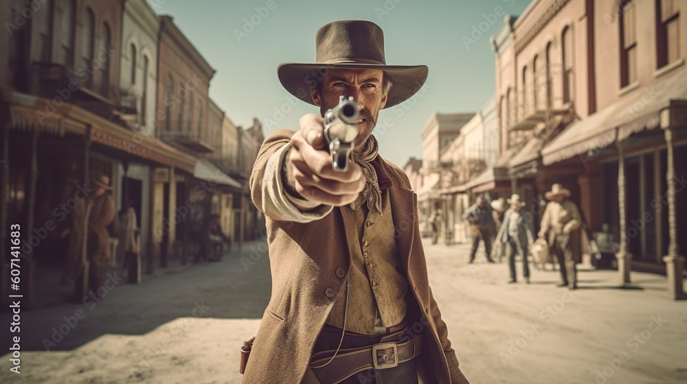 Cowboy duel or gunfight, sheriff aiming with gun, western movie scene ...