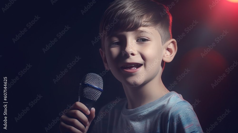 Stock-Illustration „Little singer boy sing song to microphone on stage ...