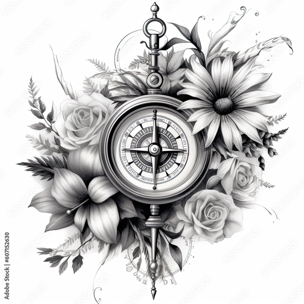 Wind rose compass with floral border, tattoo drawing template, ai ...