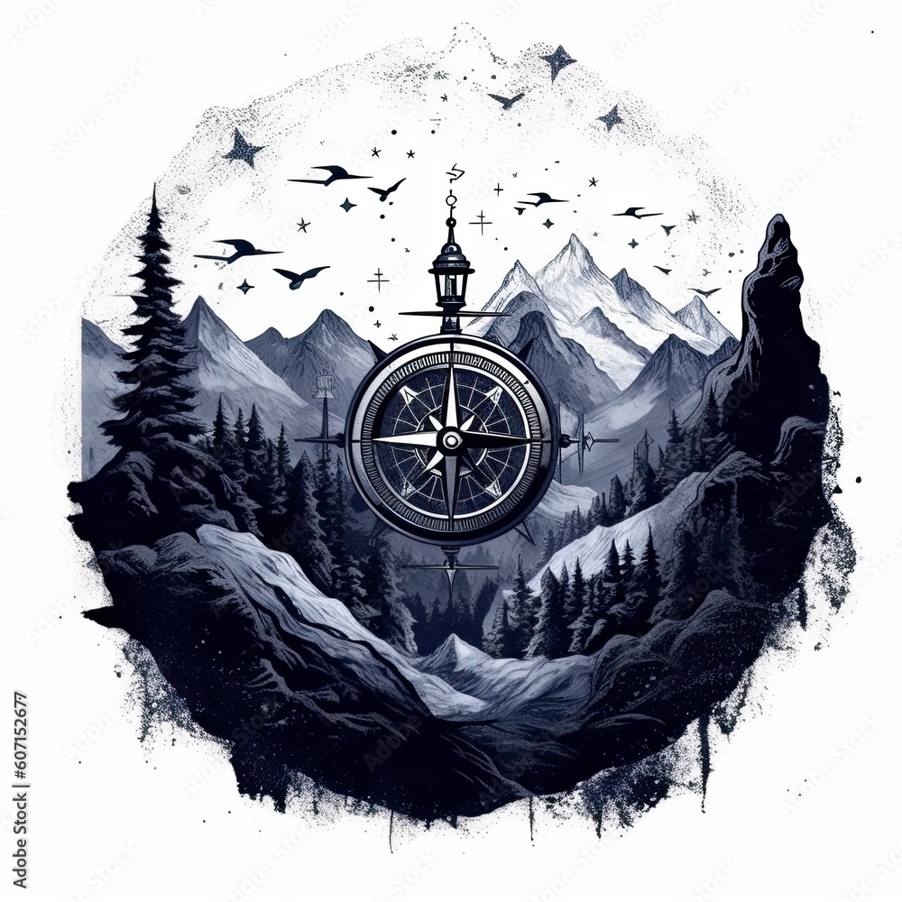 Wind rose compass with mountain border, travel drawing template, ai ...