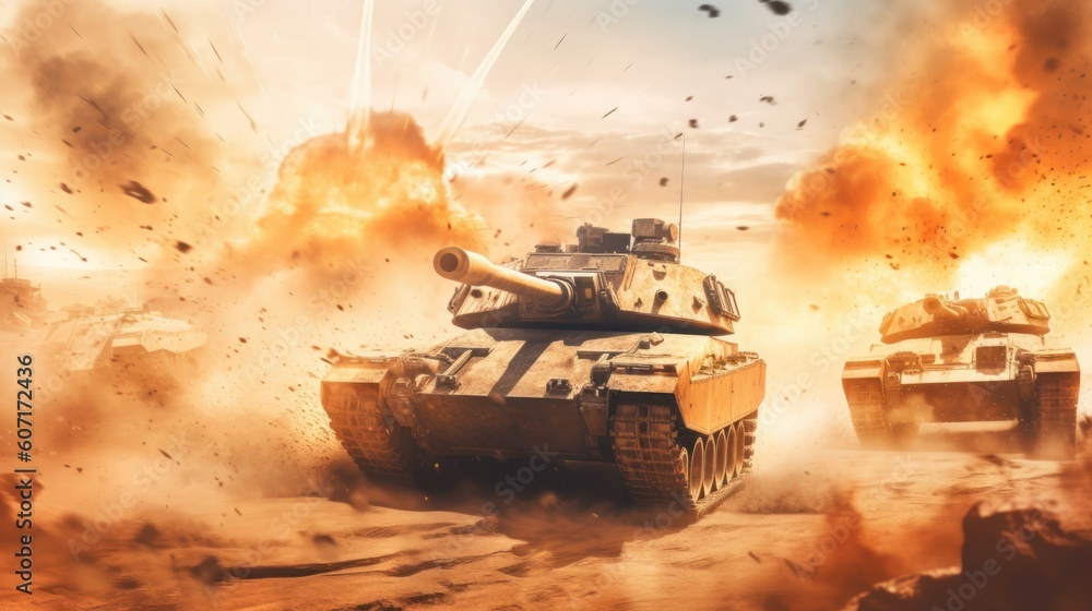 ภาพประกอบ Stock Tank battle scene with armored vehicles engaging in a ...