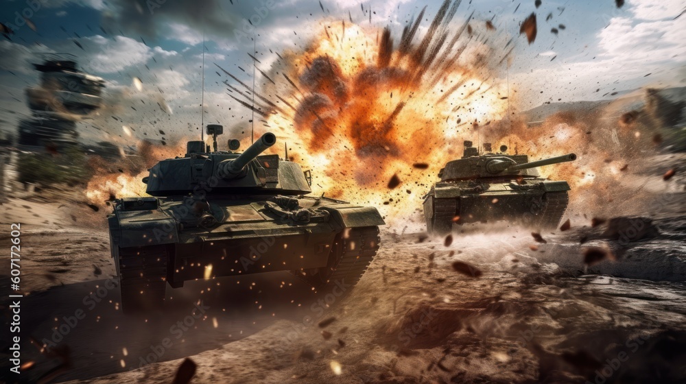 Tank battle scene with armored vehicles engaging in a fierce firefight ...