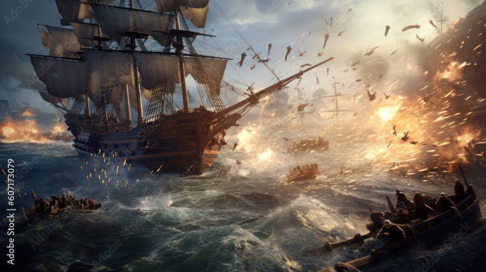 Intense naval battle scene between rival pirate ships, with cannons ...