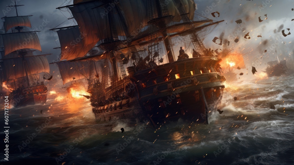 Intense naval battle scene between rival pirate ships, with cannons ...