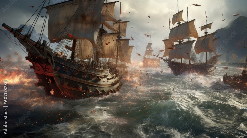 Ilustración de Stock Intense naval battle scene between rival pirate ...
