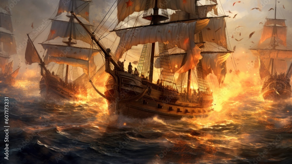 Intense naval battle scene between rival pirate ships, with cannons ...