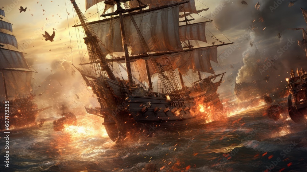 Intense naval battle scene between rival pirate ships, with cannons ...