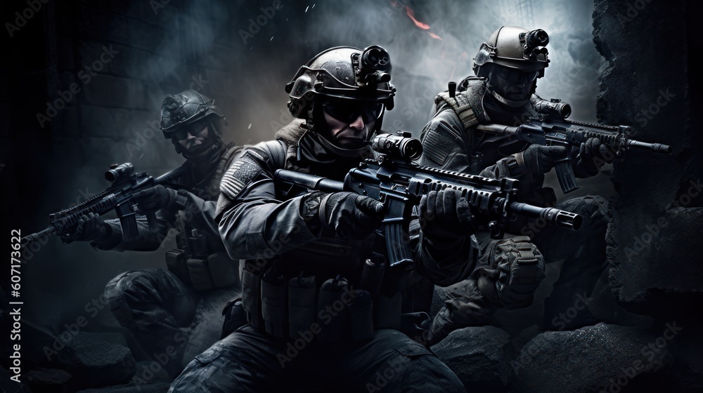 Team of elite special forces soldiers executing a covert mission behind ...