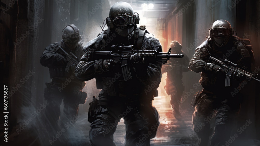 Team of elite special forces soldiers executing a covert mission behind ...