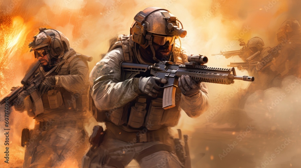 Team of elite special forces soldiers executing a covert mission behind ...