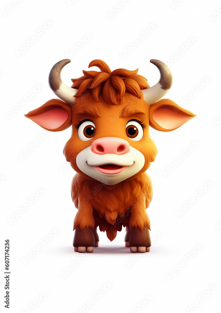 Cute ox with horns and a happy face, cartoon illustration in animation ...