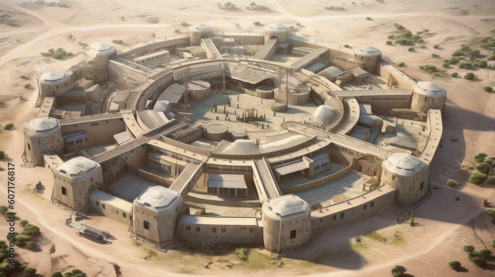 Fortified military base, complete with barracks, command centers, and ...