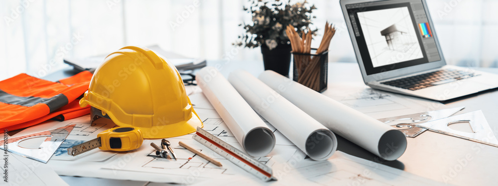 Foto Digital blueprint by architecture design software on laptop screen ...