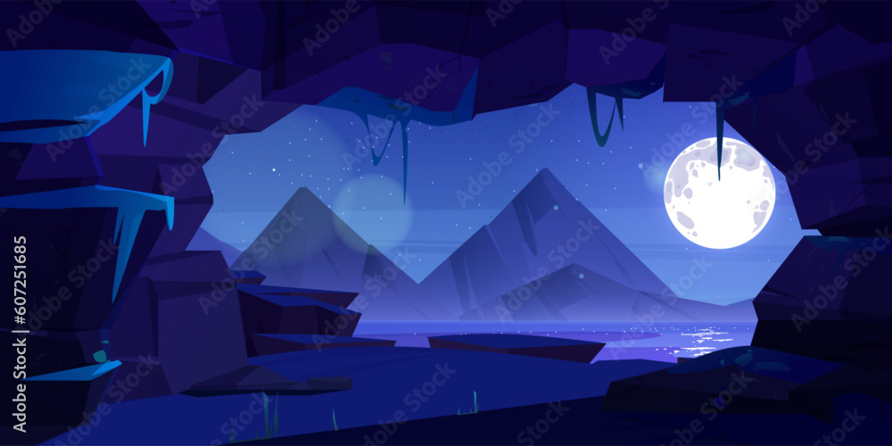 Mountain cave exit with night lake view. Vector cartoon illustration of ...