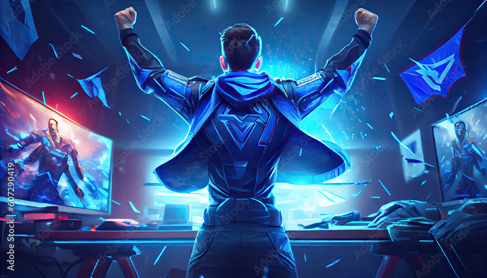 Professional eSports gamer rejoices in the victory and blue game room ...