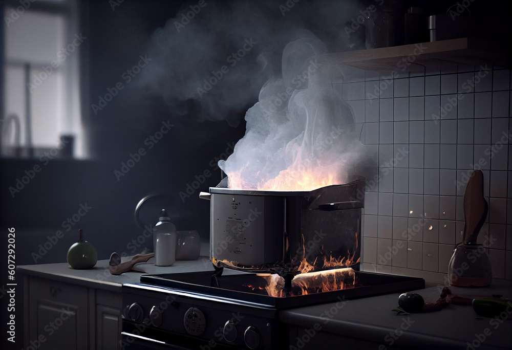 Stove ignited in the modern kitchen during cooking, smoke and soot ...