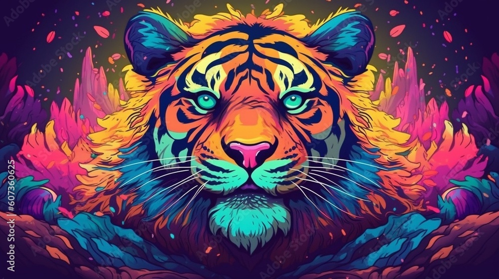 Psychedelic trippy tiger cartoon 70s, rave style, acid color. Retrowave ...